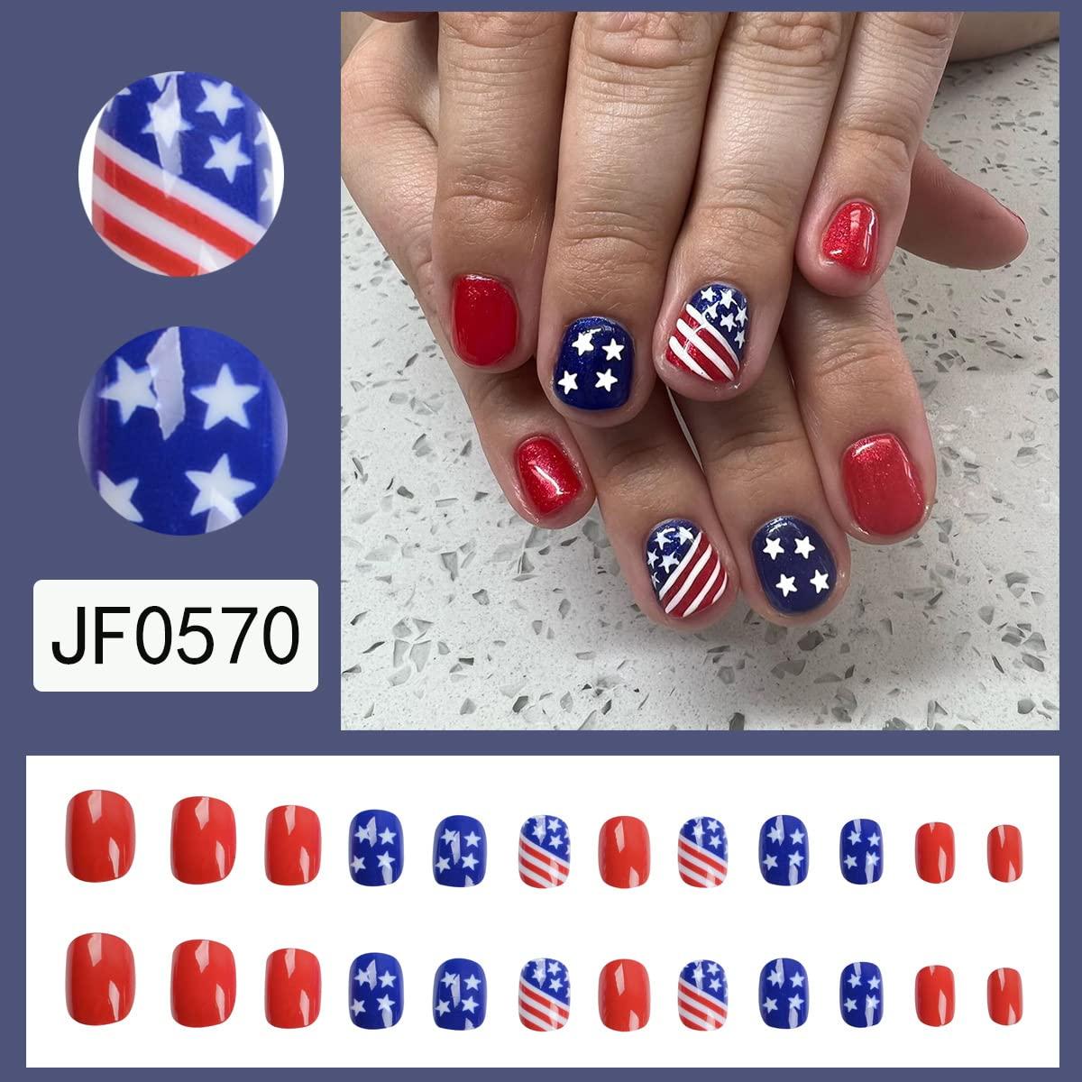 24Pcs Independence Day Fake Nails | July 4th Red Blue Line Acrylic Full ...