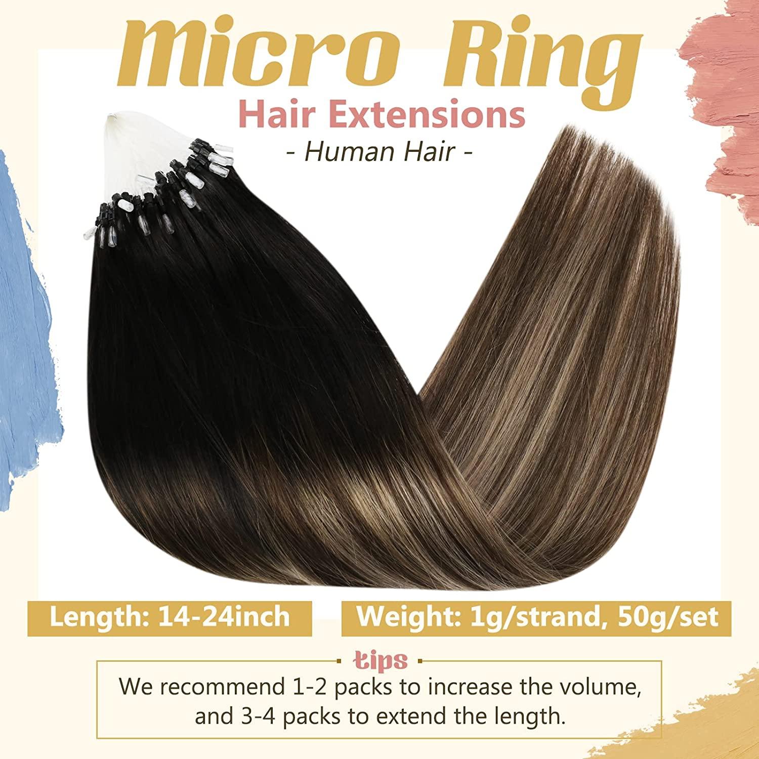 Sunny Micro Ring Human Hair Extensions - Balayage Ombre Black to Ash ...