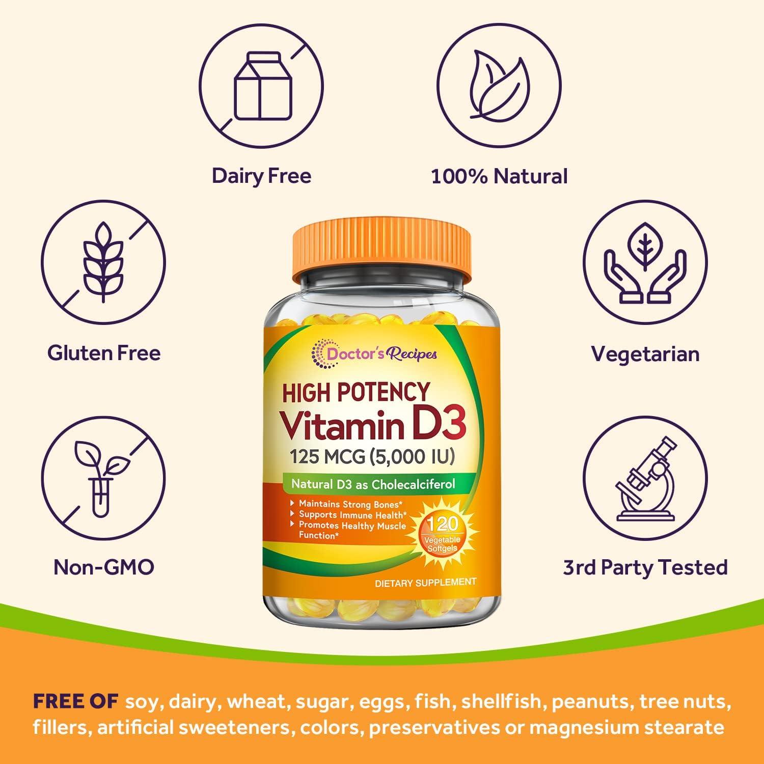 Doctor's Recipes Vitamin D3 5000IU Immune Support | 120 Vegetarian Softgels