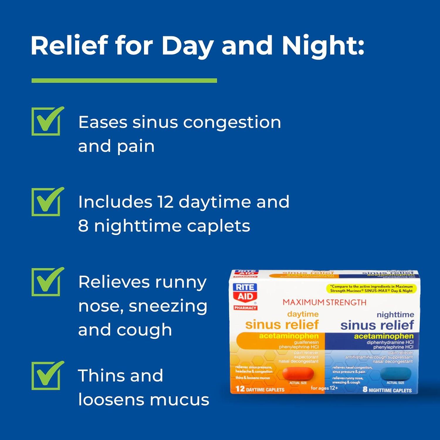Rite Aid Maximum Strength Sinus Relief Caplets - Daytime and Nighttime ...