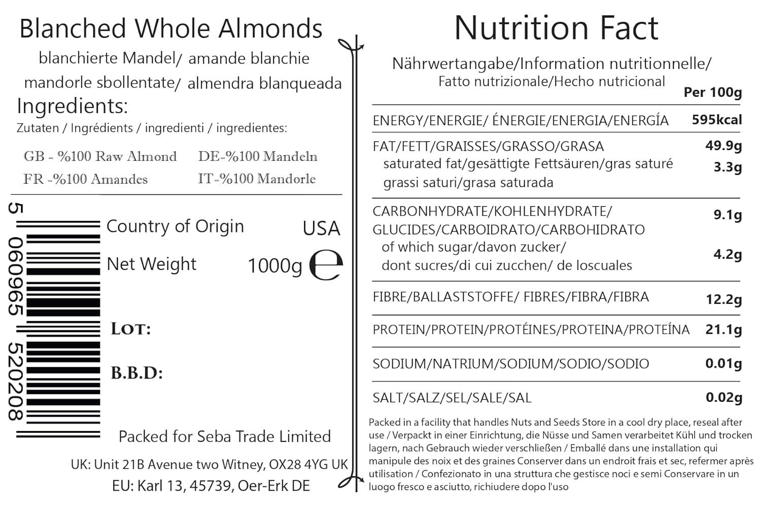 Buy Seba Garden Blanched Almonds 1kg - Raw Unsalted Keto Paleo Kosher ...