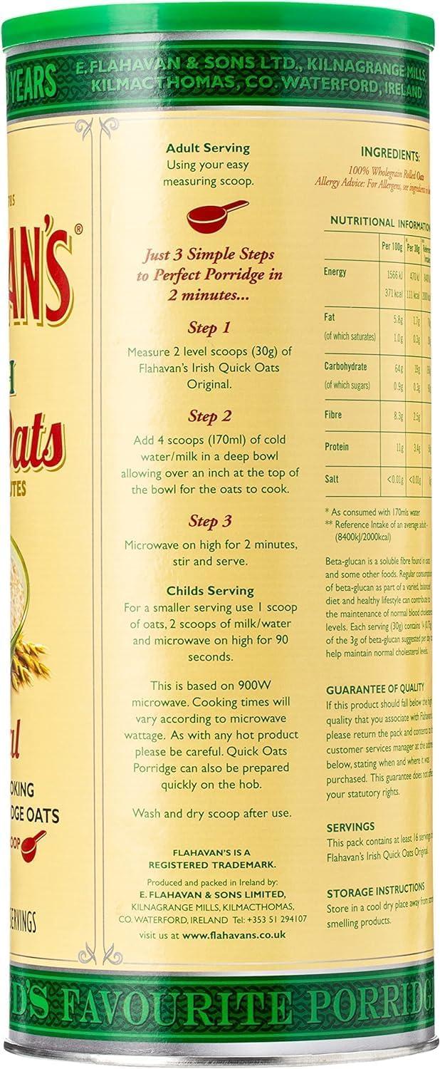 Flahavan's Irish Quick Oats Original 500g | Microwavable Porridge Oats ...