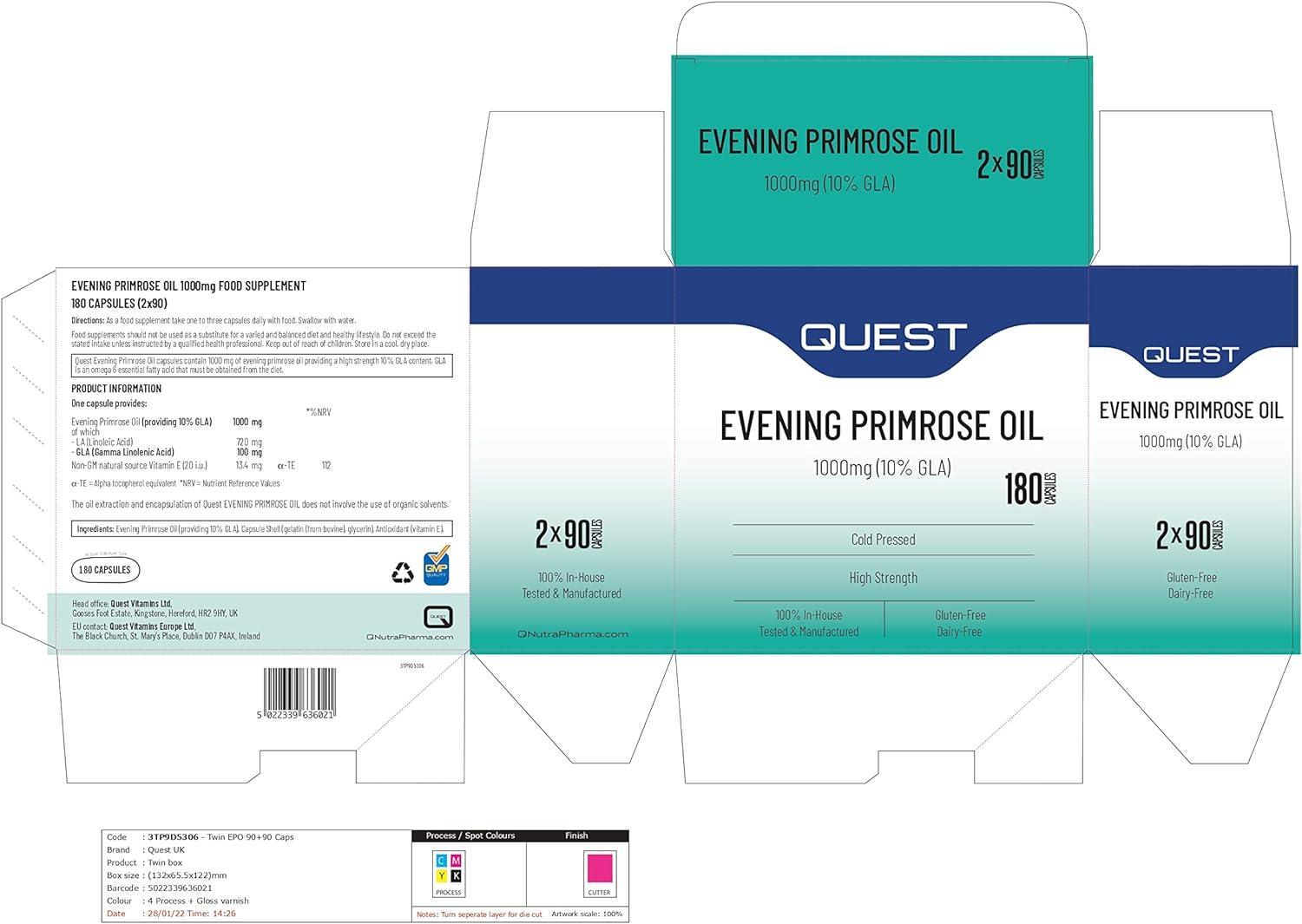 Quest Evening Primrose Oil 1000mg - 180 Capsules - Premium Quality ...