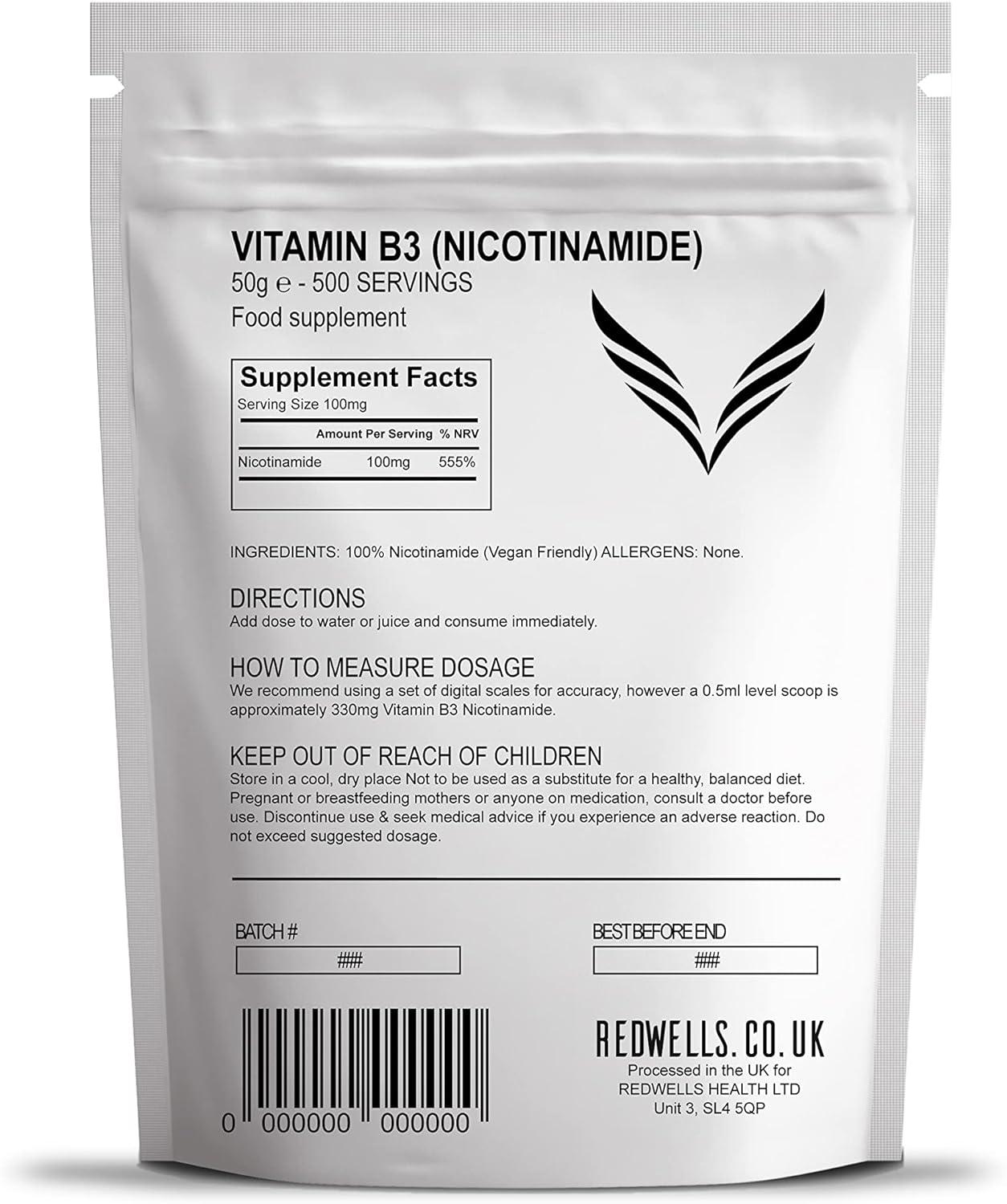 REDWELLS Non Flush Vitamin B3 Powder Nicotinamide - GMO Free 50g Pack ...