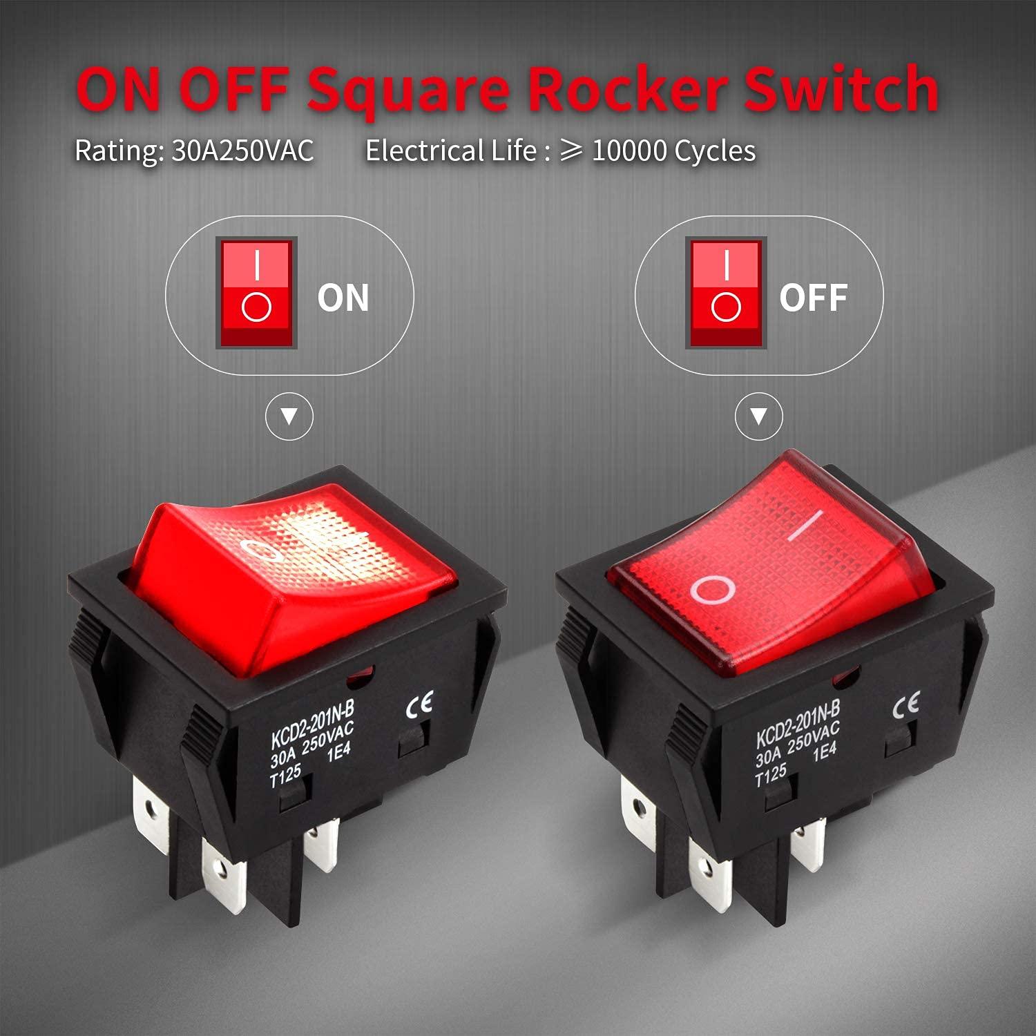 DaierTek 30A 250V KCD2 KCD4 Rocker Switch DPST 4 Pin Red Lighted 120V ...