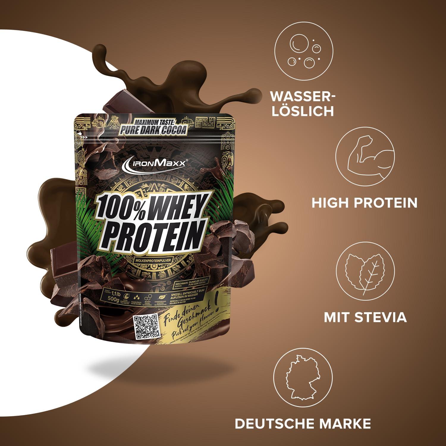 Ironmaxx 100% Whey Protein Powder - Pure Dark Cocoa 500g | Water ...