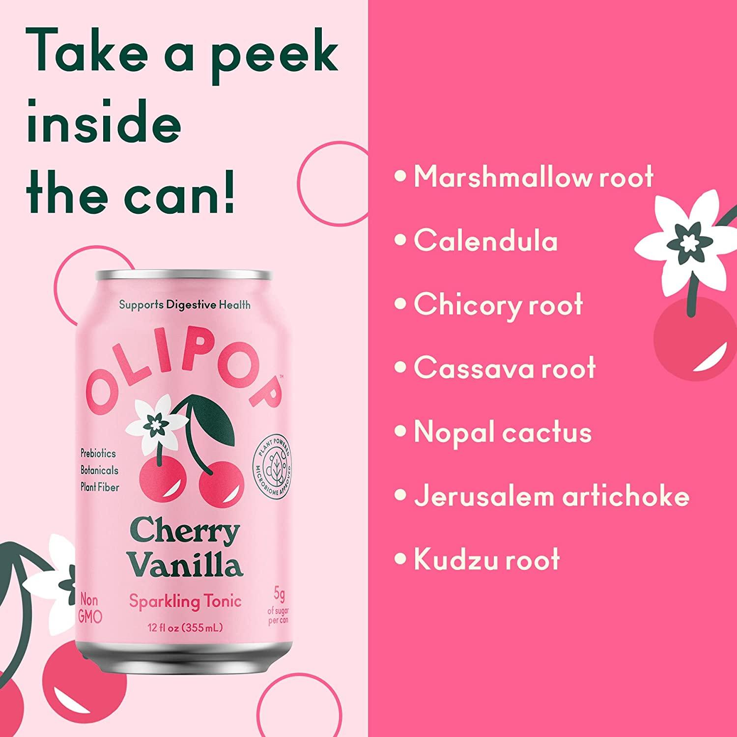 OLIPOP - Cherry Vanilla Sparkling Tonic Healthy Soda Prebiotic Soft Drink Aids Digestive Health ...