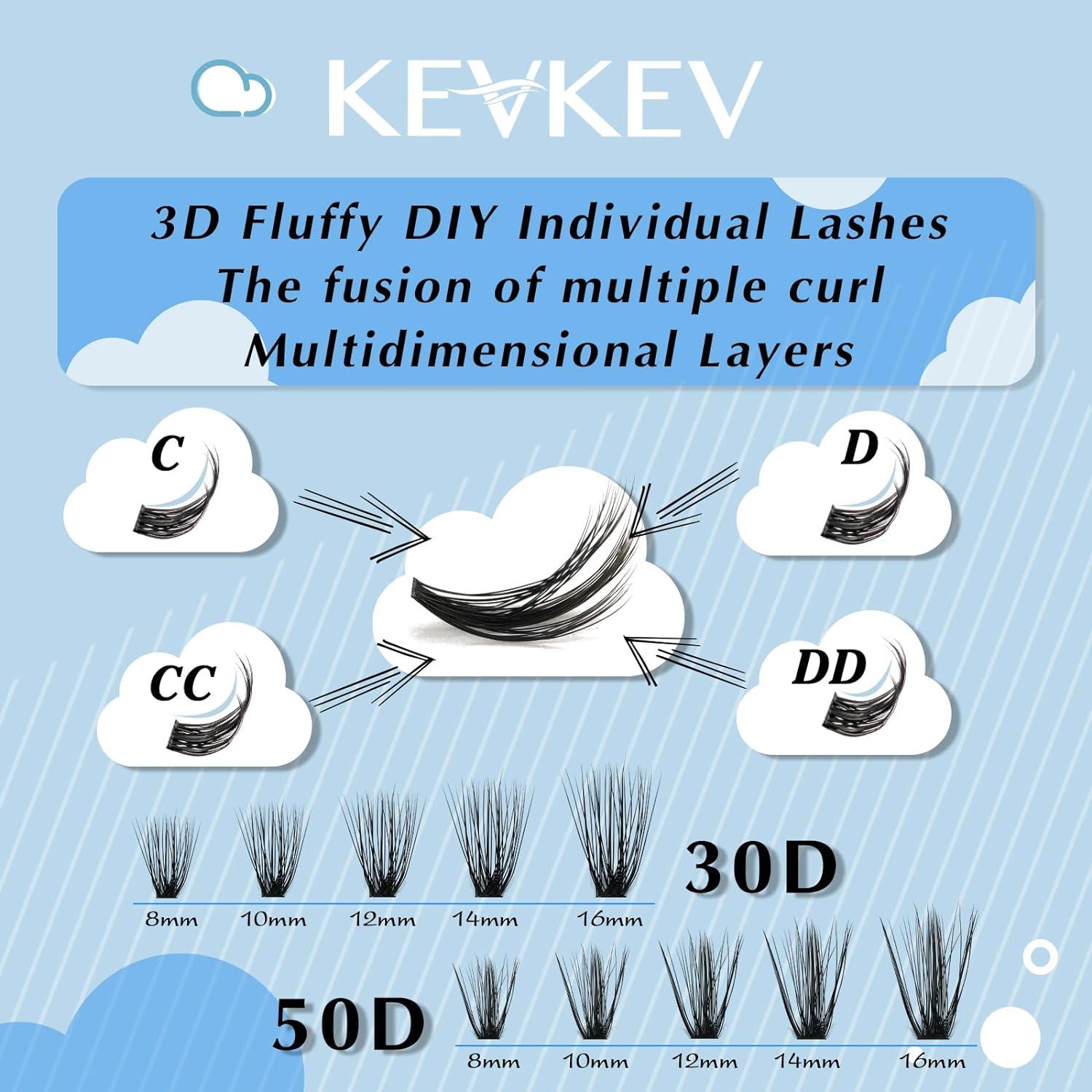 KevKev 3D Fluffy Cluster Lashes 320 Pcs DIY Extensions - 30+50D Mixed Eyelash Clusters - Thin ...