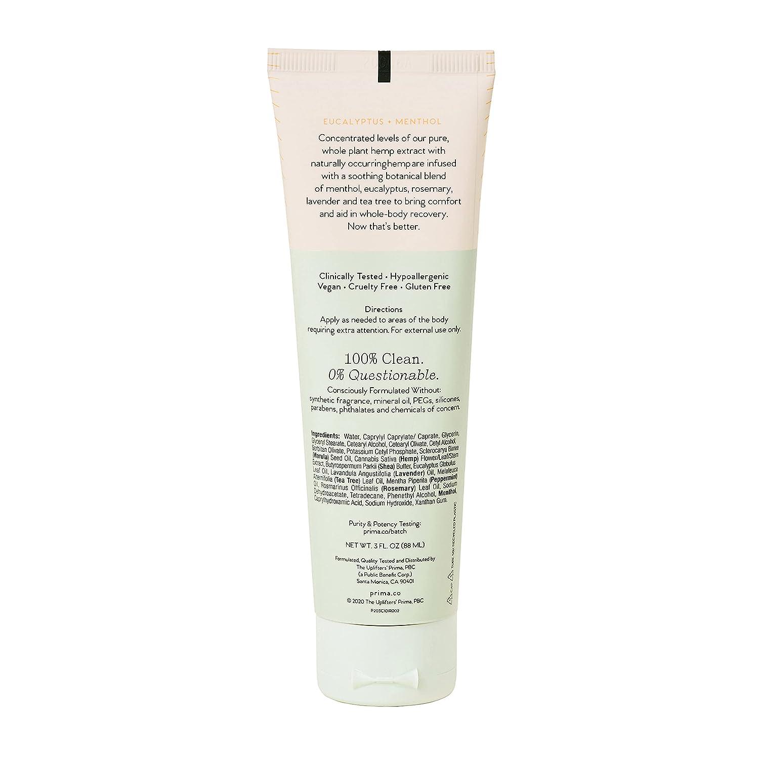 Prima R+R Recovery Cream - Hemp Body Cream with Eucalyptus, Menthol ...