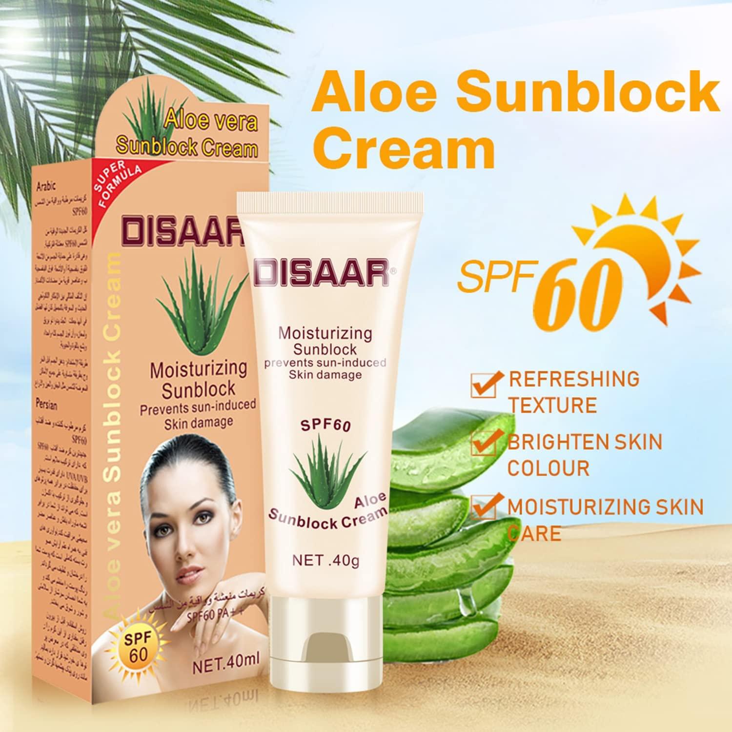 DISAAR BEAUTY Sunblock Cream SPF 60 Aloe Vera - UVA/UVB Protection ...