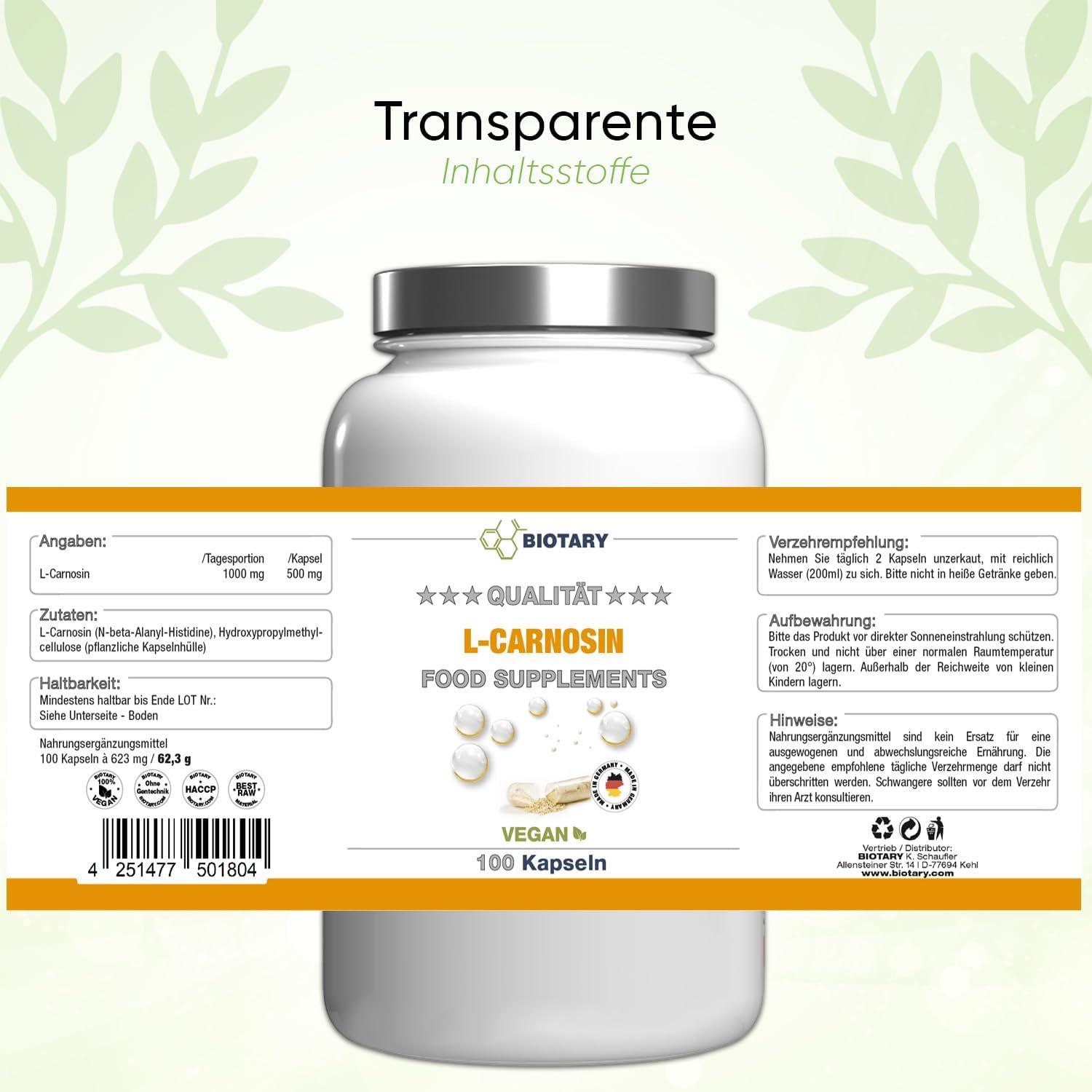 Buy BioTary L-Carnosin 1000 mg - Vegan Capsules (100 pcs) | High ...