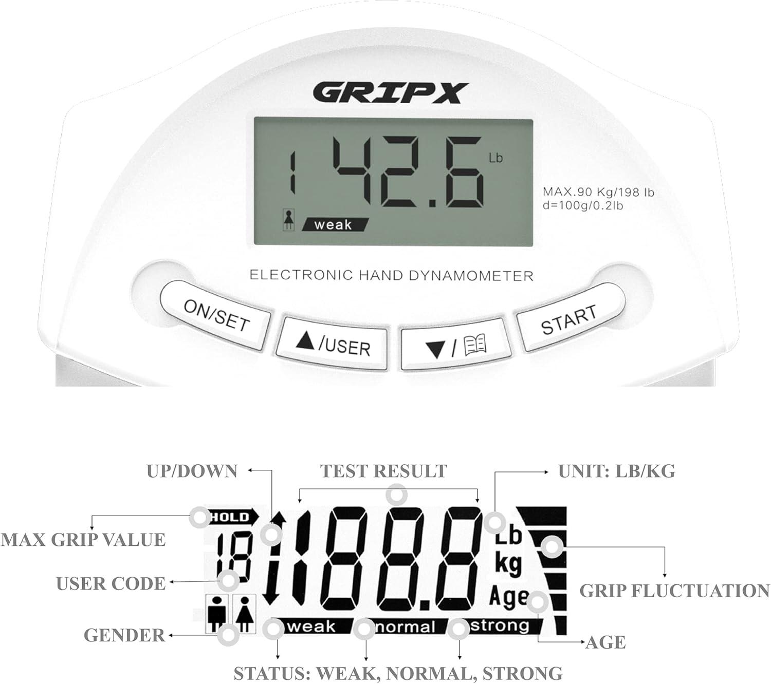GRIPX Digital Hand Dynamometer - Accurate Grip Strength Meter Up to 198 ...