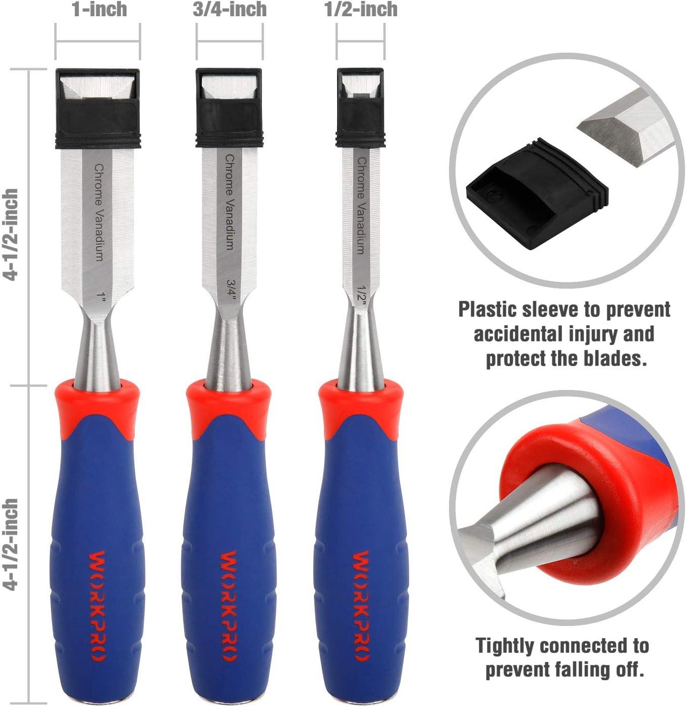 WORKPRO 3-piece Wood Chisel Set Cr-V Construction Bi-Material Soft Grip ...
