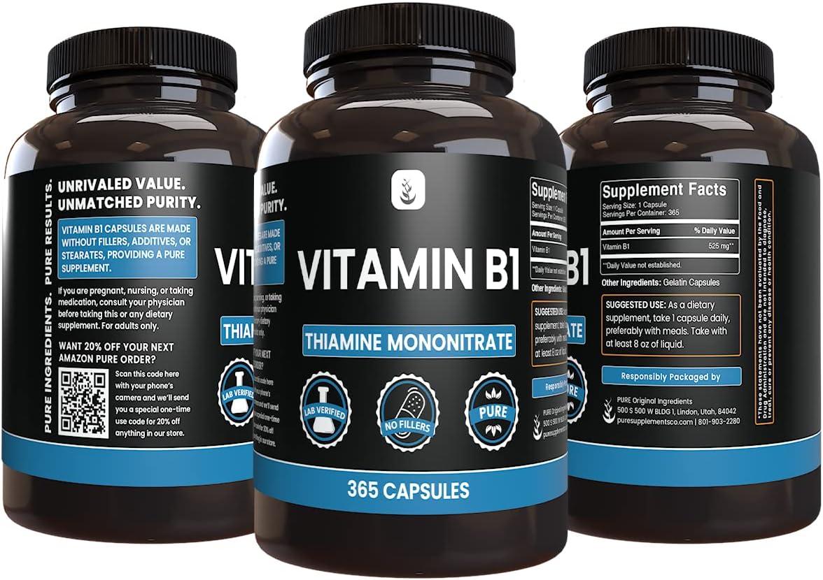 365 Capsules of Pure Vitamin B1 (Thiamine Mononitrate) - No Fillers ...