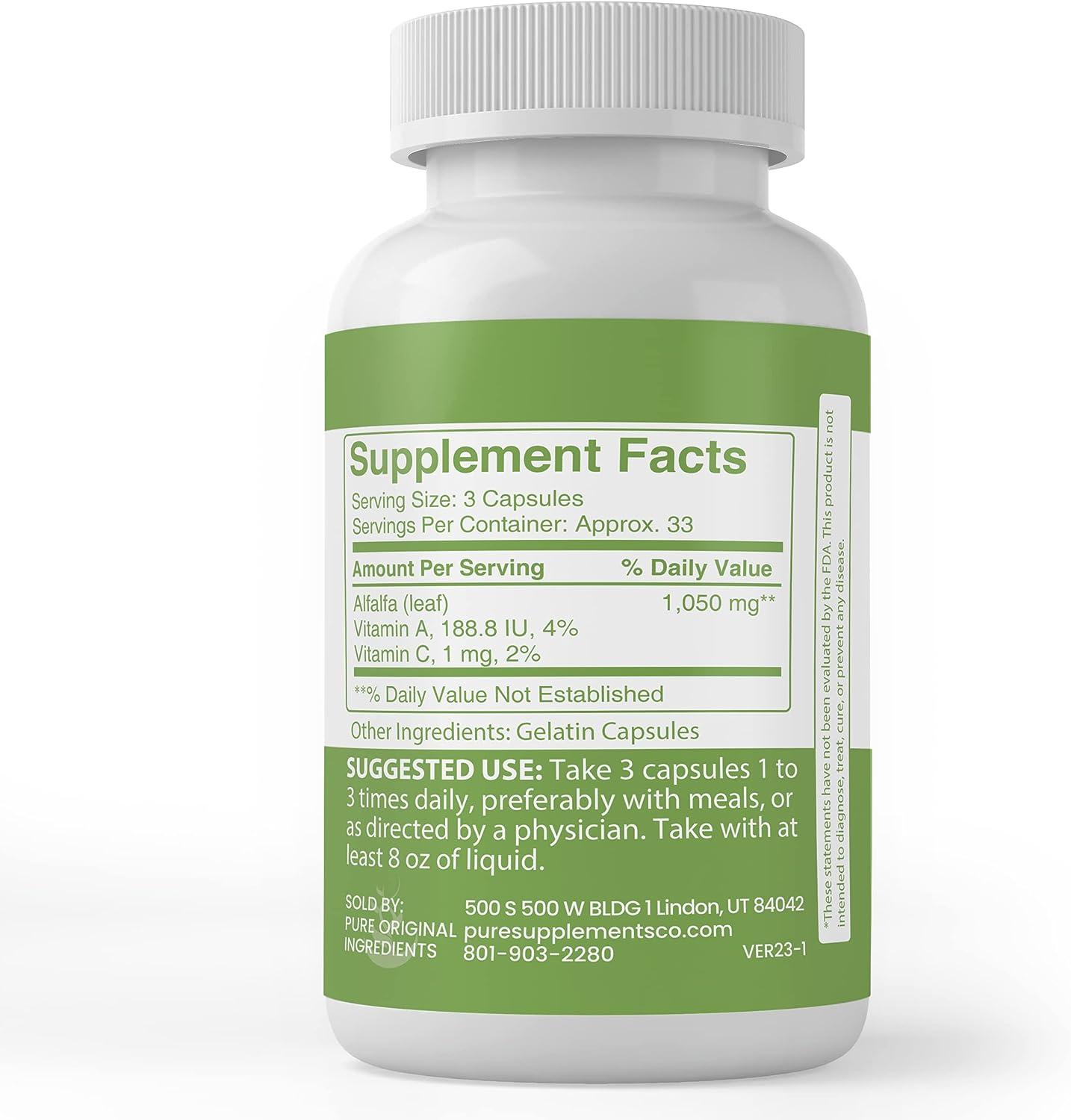 Pure Alfalfa Leaf Capsules - 100 Count | Always Pure, No Additives ...