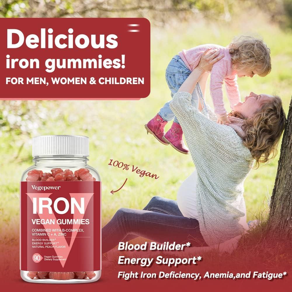 Vegan Iron Gummies Supplement with Vitamin C, B-Complex, Folate, Zinc 90 Ct Peach Flavor for ...