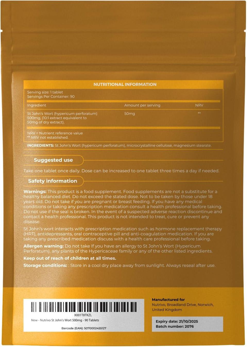 Nutrivo St John's Wort 500mg - 90 Tablets | Mood & Anxiety Support ...