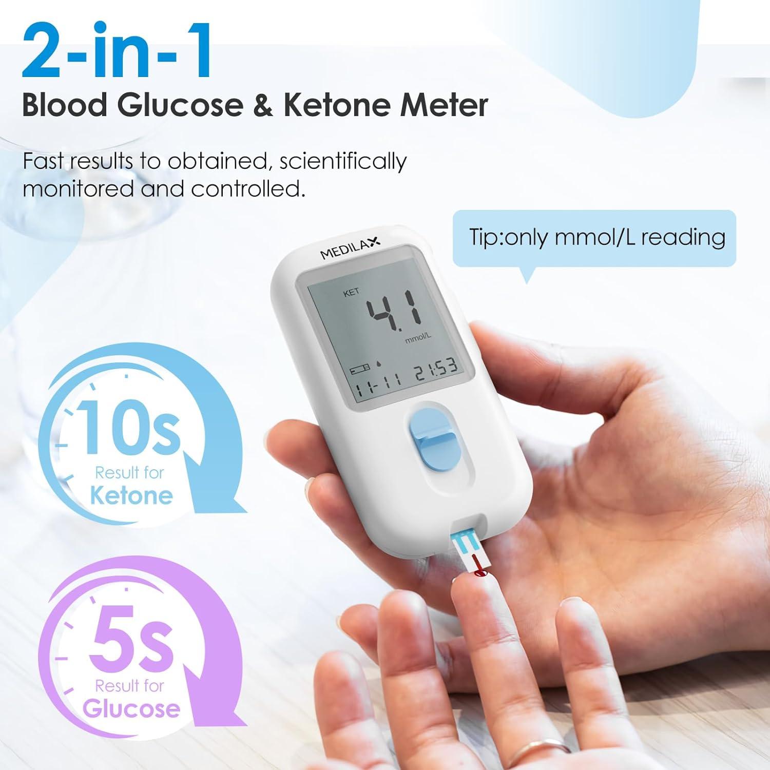 Medilax Dual Blood Sugar & Ketone Monitor Kit | Glucose & Ketone Test ...