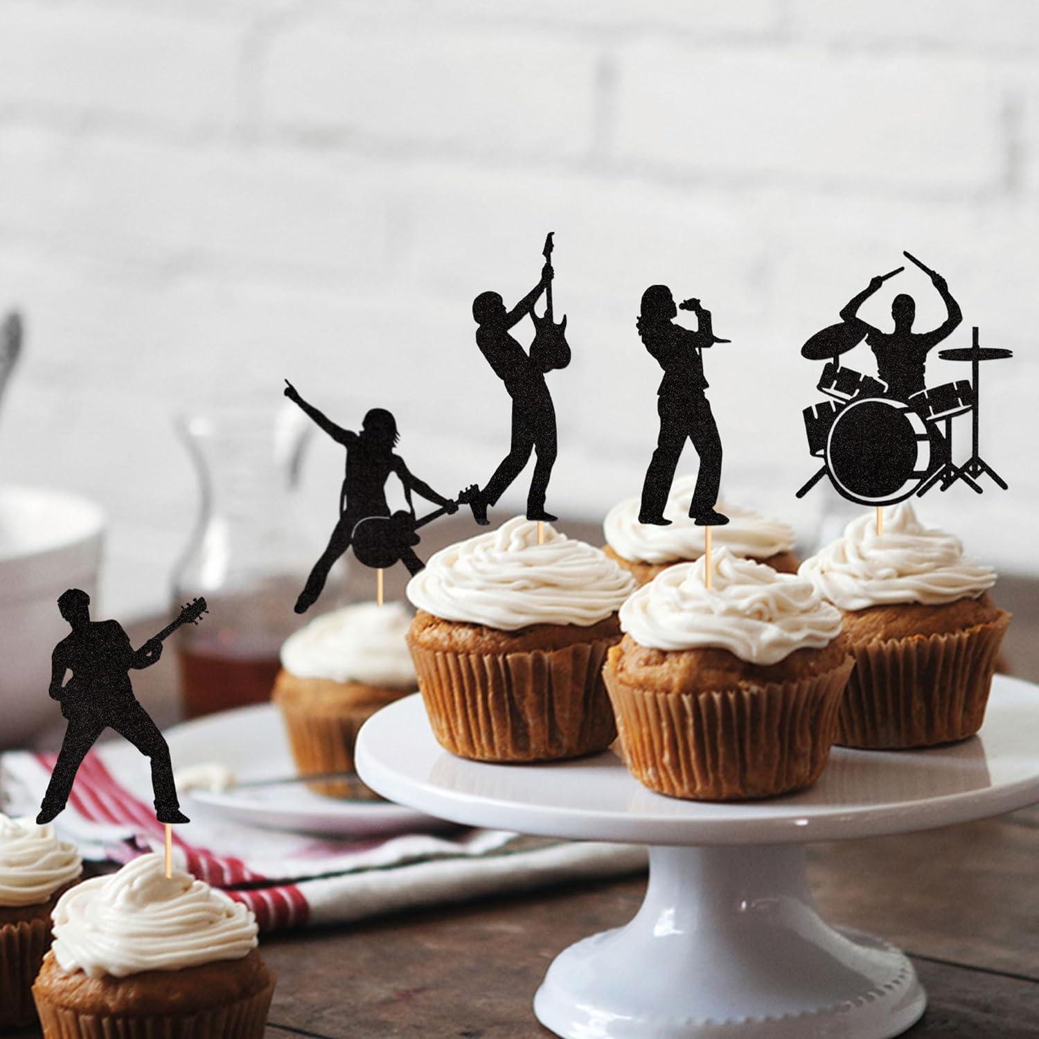 Ercadio 25 Pack Rock Band Cupcake Toppers Black Glitter Band Cupcake ...