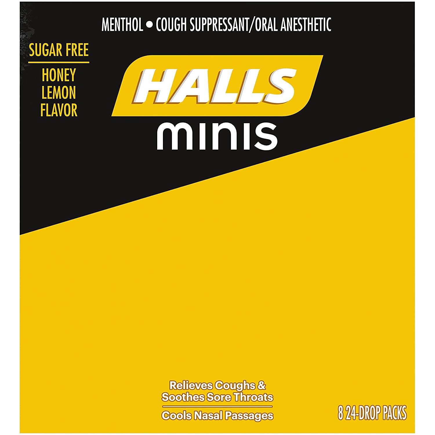 HALLS Minis Honey Lemon Sugar-Free Cough Drops - 24 Count (Pack of 8)
