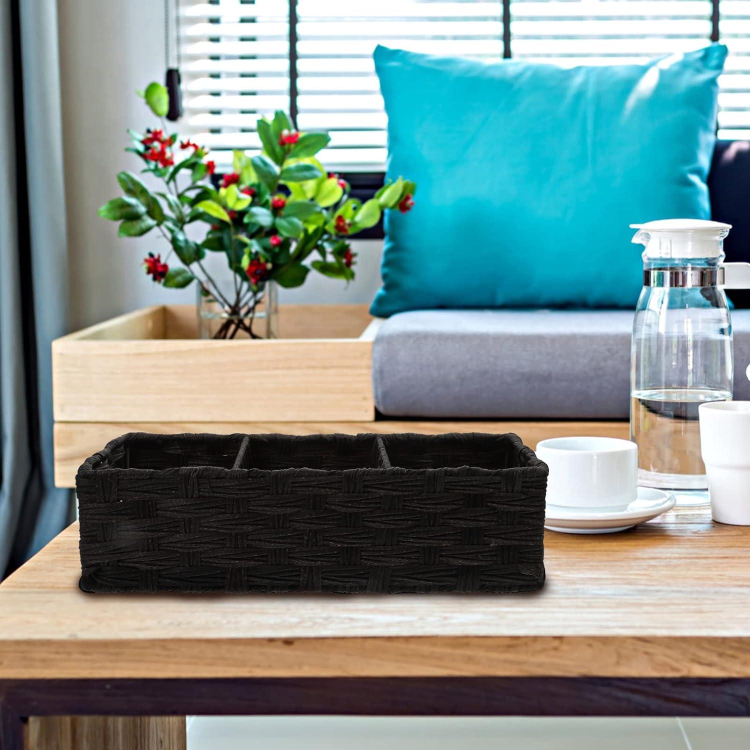 STOBOK Black Woven Storage Basket - 3 Compartment Organizer for ...