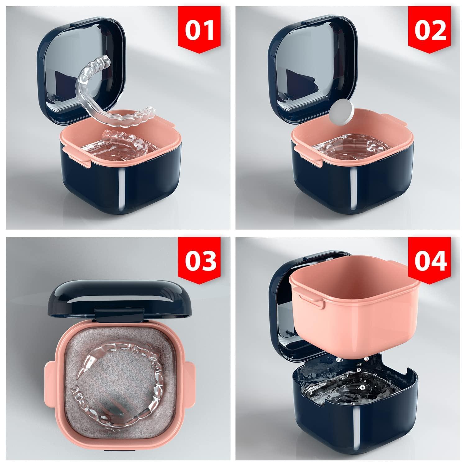 Denture Bath Cup with Strainer Basket & Cleaning Tablets - Portable ...