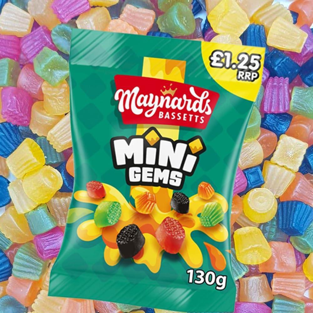 12 x Maynardds Bassetts Mini Gems Sweets Bag 1.25 PMP 130g (Full Box ...