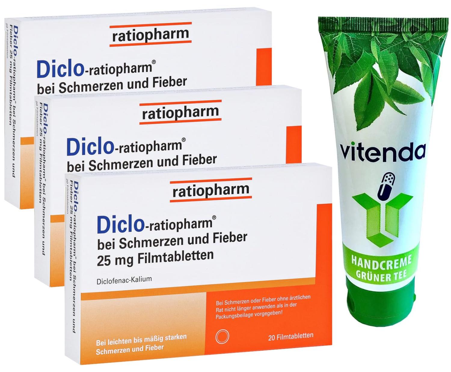 DICLO-RATIOPHARM 25mg - 60 Tablets for Pain & Fever + Free Vitenda Hand ...