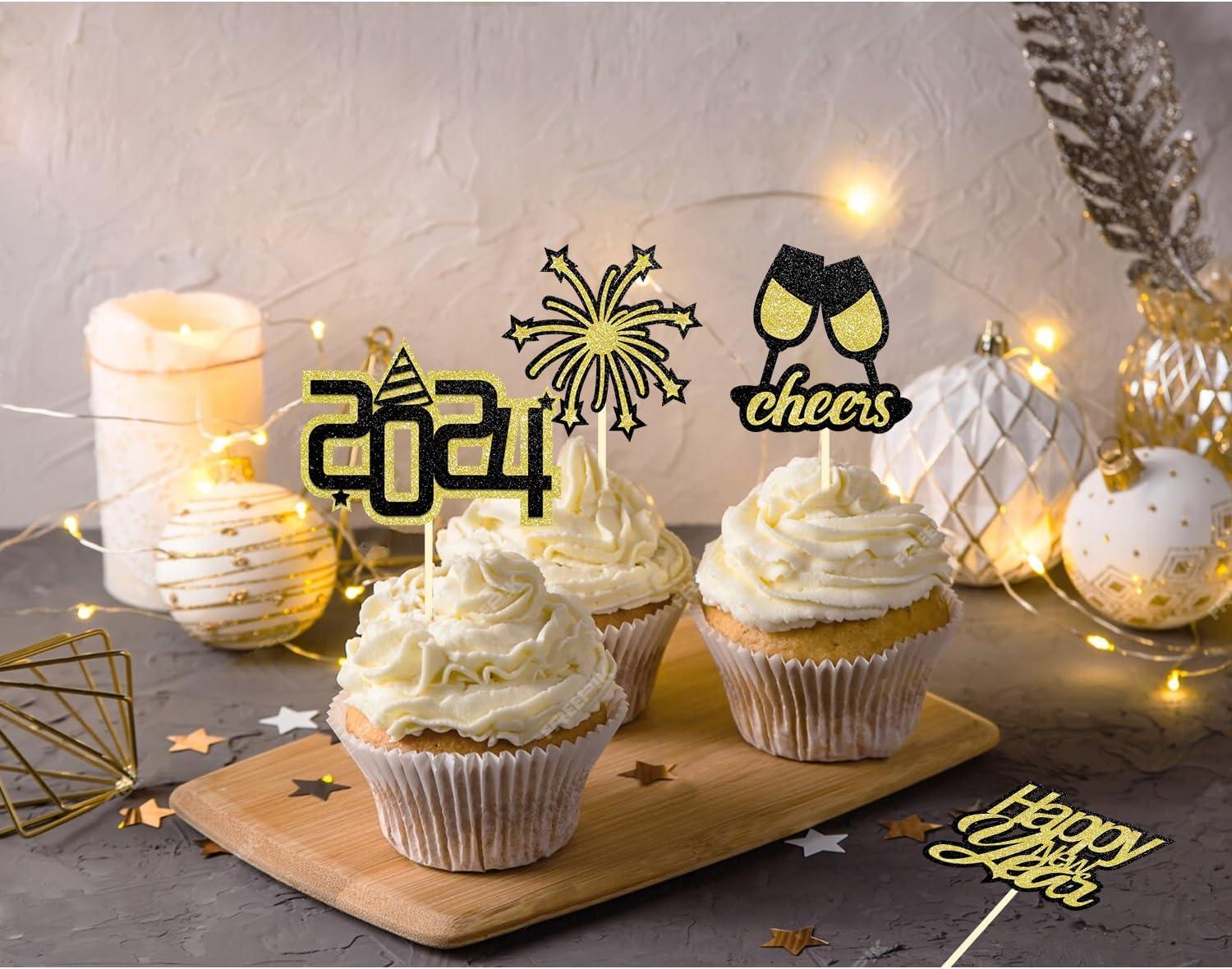 24PCS Glitter Happy New Year Cupcake Toppers 2024 New Year Eve Cake ...