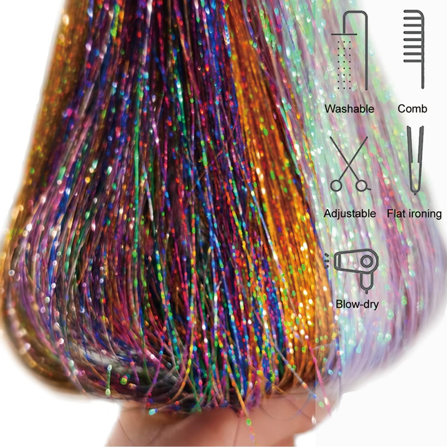 Black Hair Tinsel Kit - 6pcs, 1200 Strands, Heat Resistant Fairy Hair Extensions for Women ...
