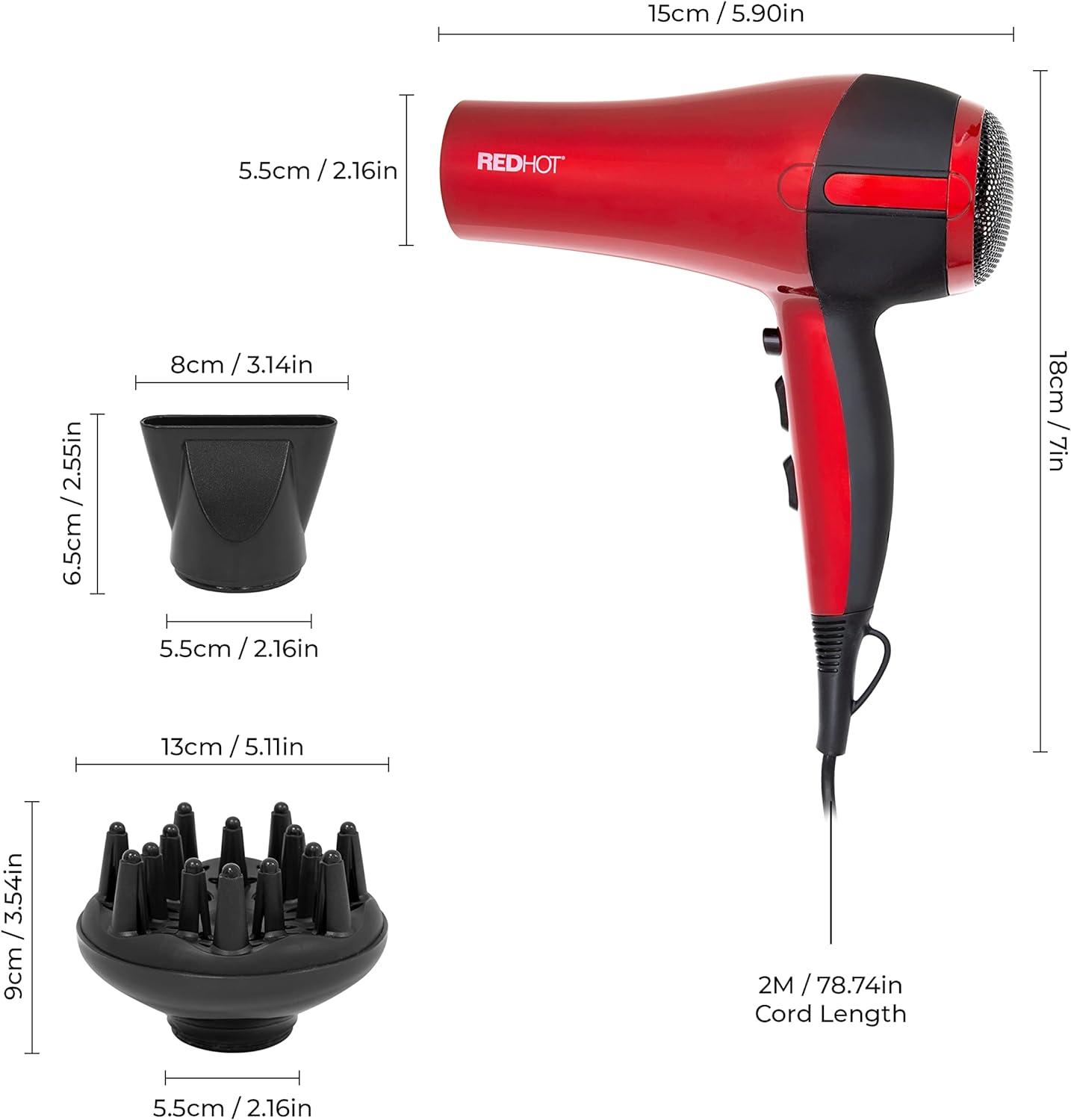 Red Hot 37010 Professional 2200W Hair Dryer with Diffuser & Concentrator Nozzles - 3 Heat, 2 ...