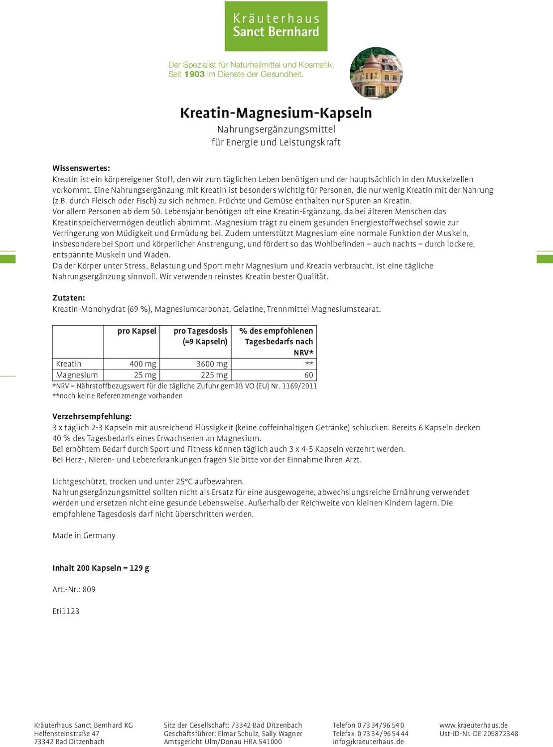 Sanct Bernhard Creatine Magnesium Capsules - 200 Caps for Enhanced ...