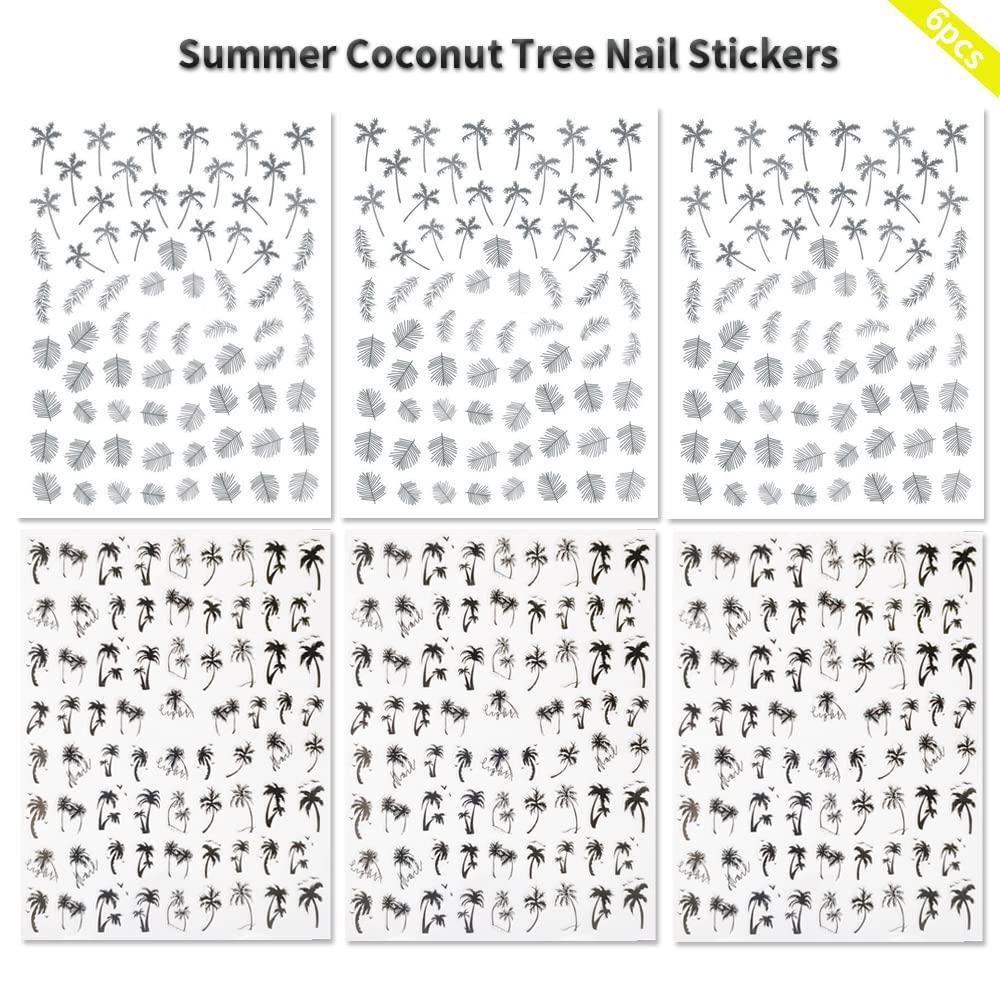 Tropical Summer Coconut Tree Nail Stickers - 6 Sheets 3D Self-Adhesive ...