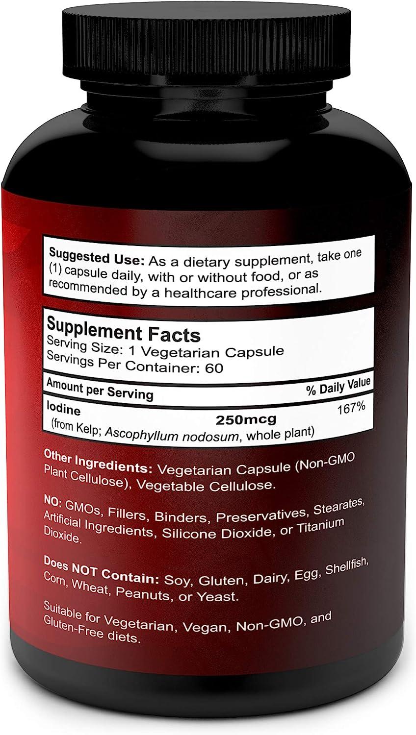 Iodine Supplement 250mcg - Thyroid Support from USA-Grown Sea Kelp - 60 ...