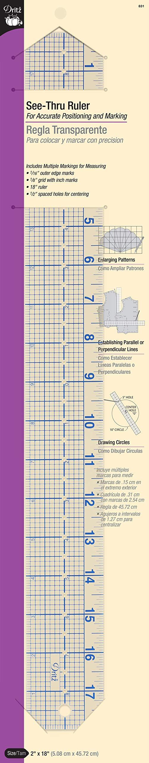 Dritz 2" x 18" See-Thru Accurate Positioning and Marking Sewing Ruler 2 ...