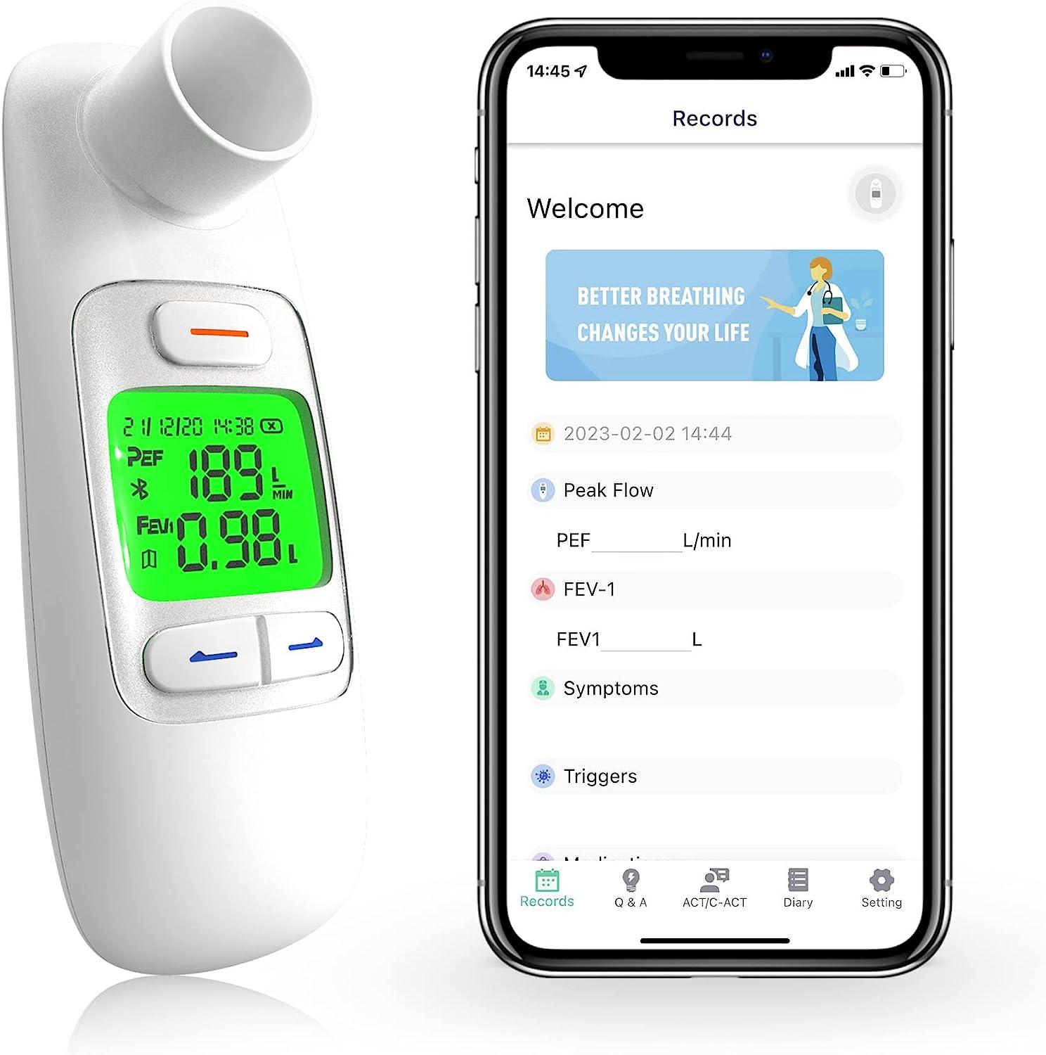Nascool Bluetooth Peak Flow Meter for Asthma COPD | PEF FEV1 Monitor ...