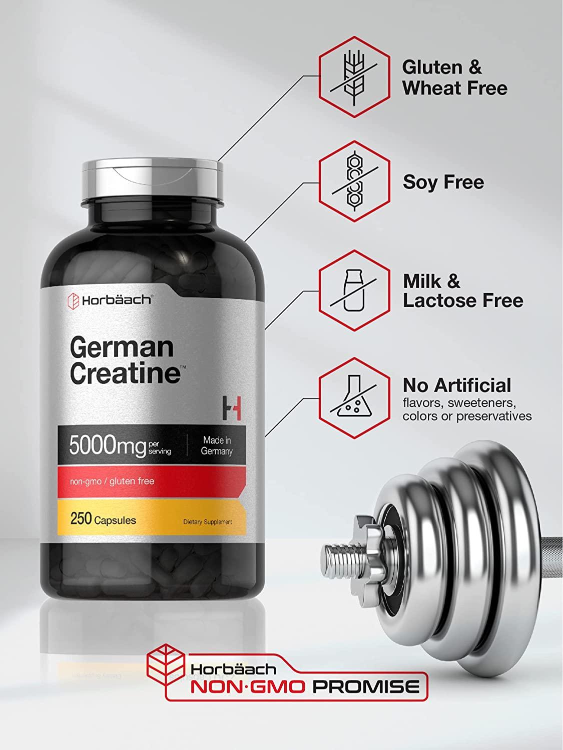 German Creatine Monohydrate 5000mg | 250 Capsules | Non-GMO & Gluten ...