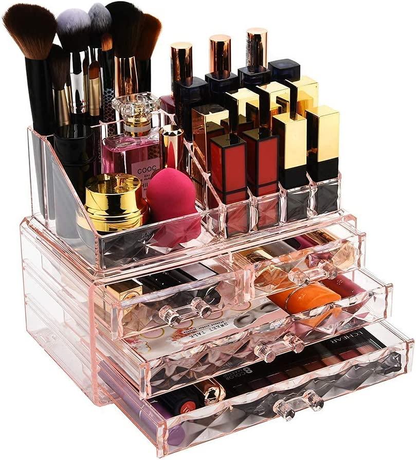 Pink Diamond Jewelry & Cosmetic Box with Brush Holder - Storage Display ...