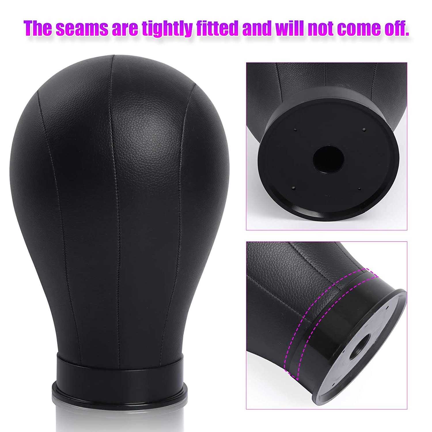 22 Inch Black Leather Wig Canvas Block Mannequin Head with C Stand ...