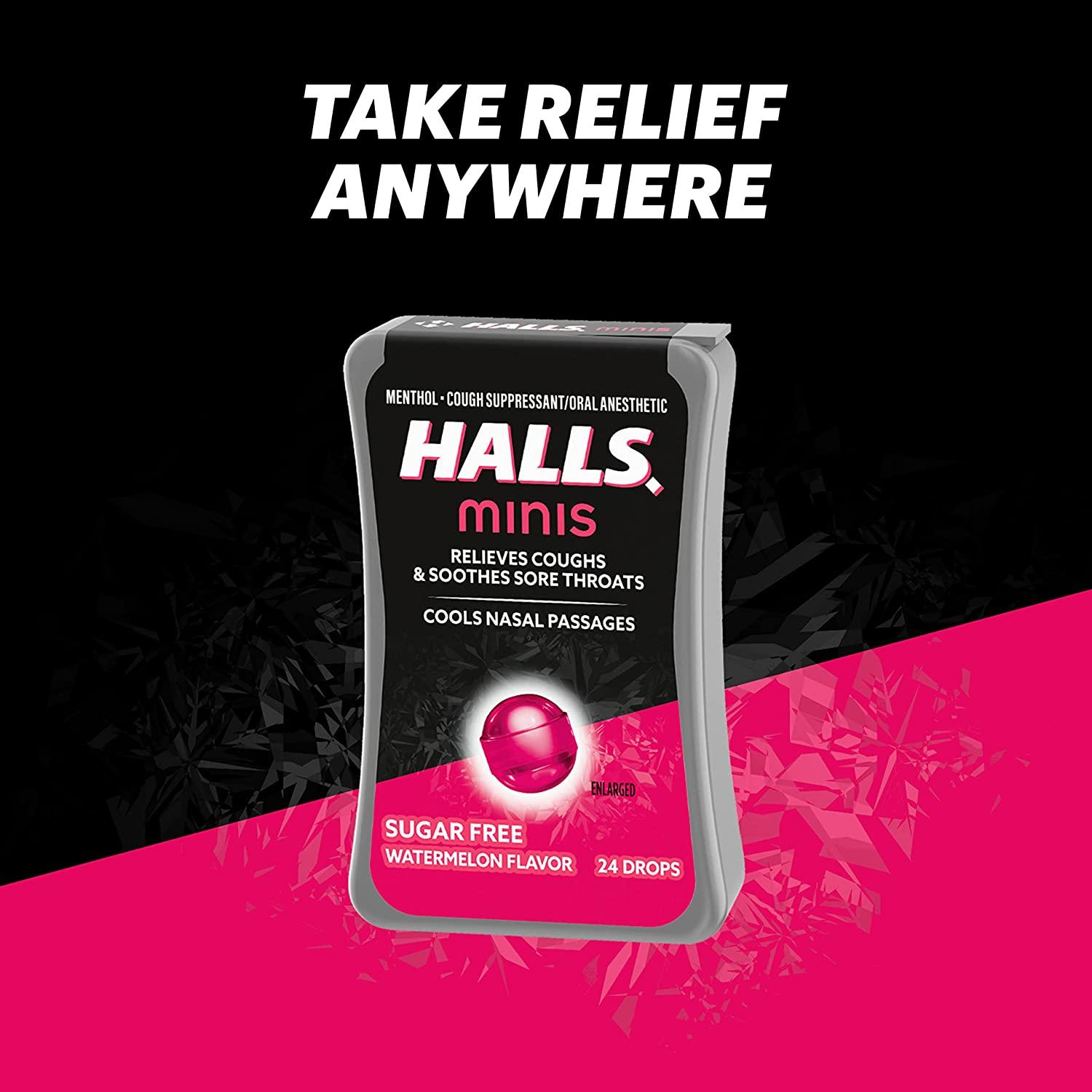 Halls Minis Watermelon Flavor Sugar Free Cough Drops, 8 Packs of 24 ...
