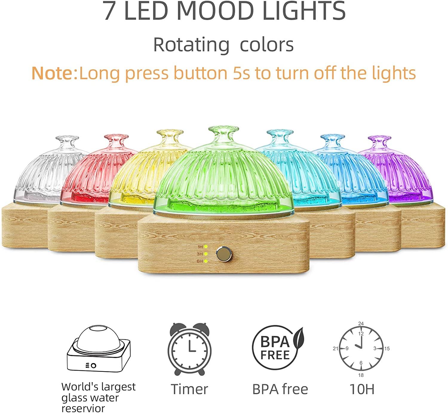 200ml Glass Essential Oil Diffuser with Wood Base | Ultrasonic Air Diffuser for Large Room ...
