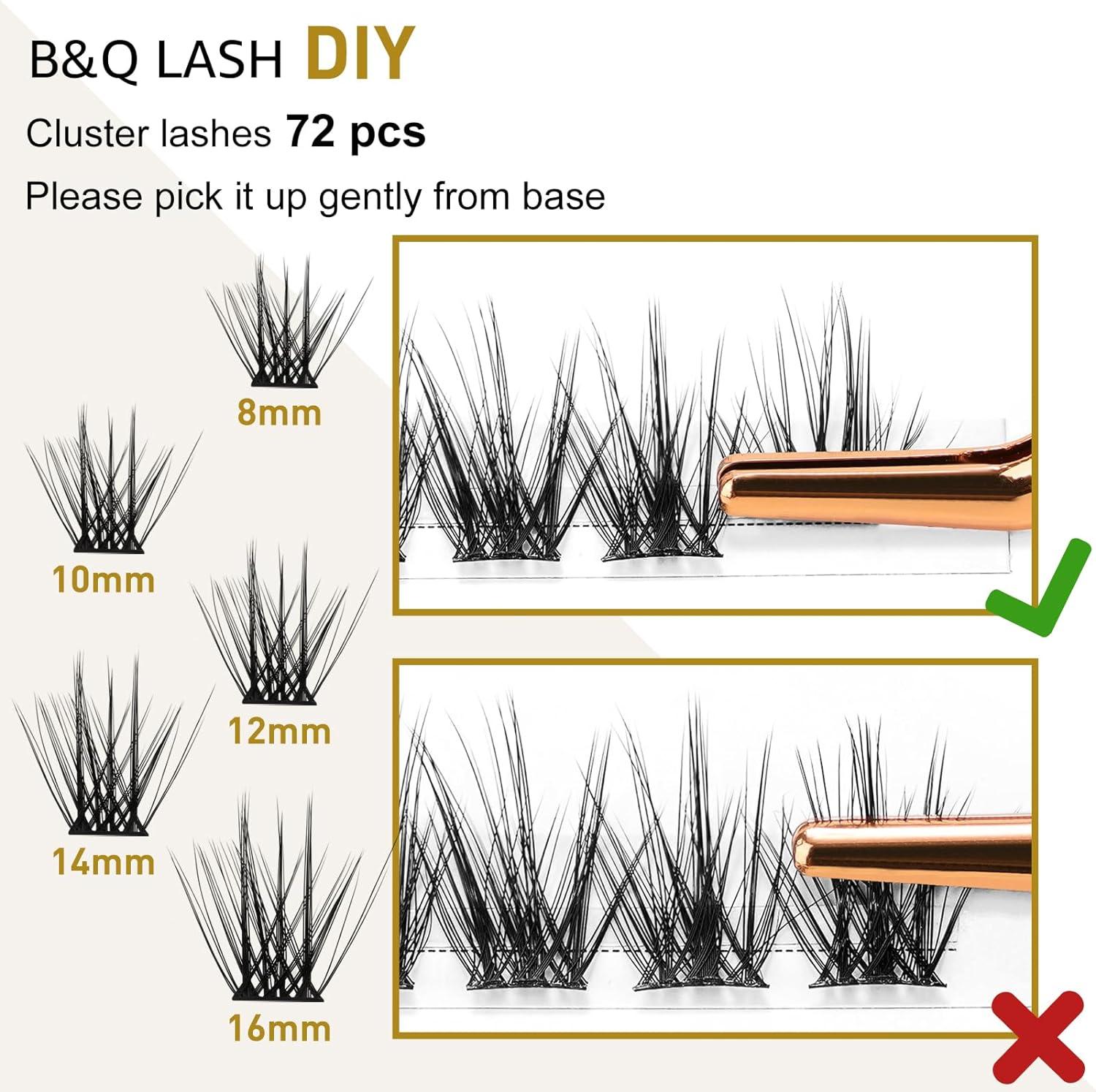 B&Q Cluster Lashes 10mm D Curl - 72 Soft Fluffy Individual Natural ...