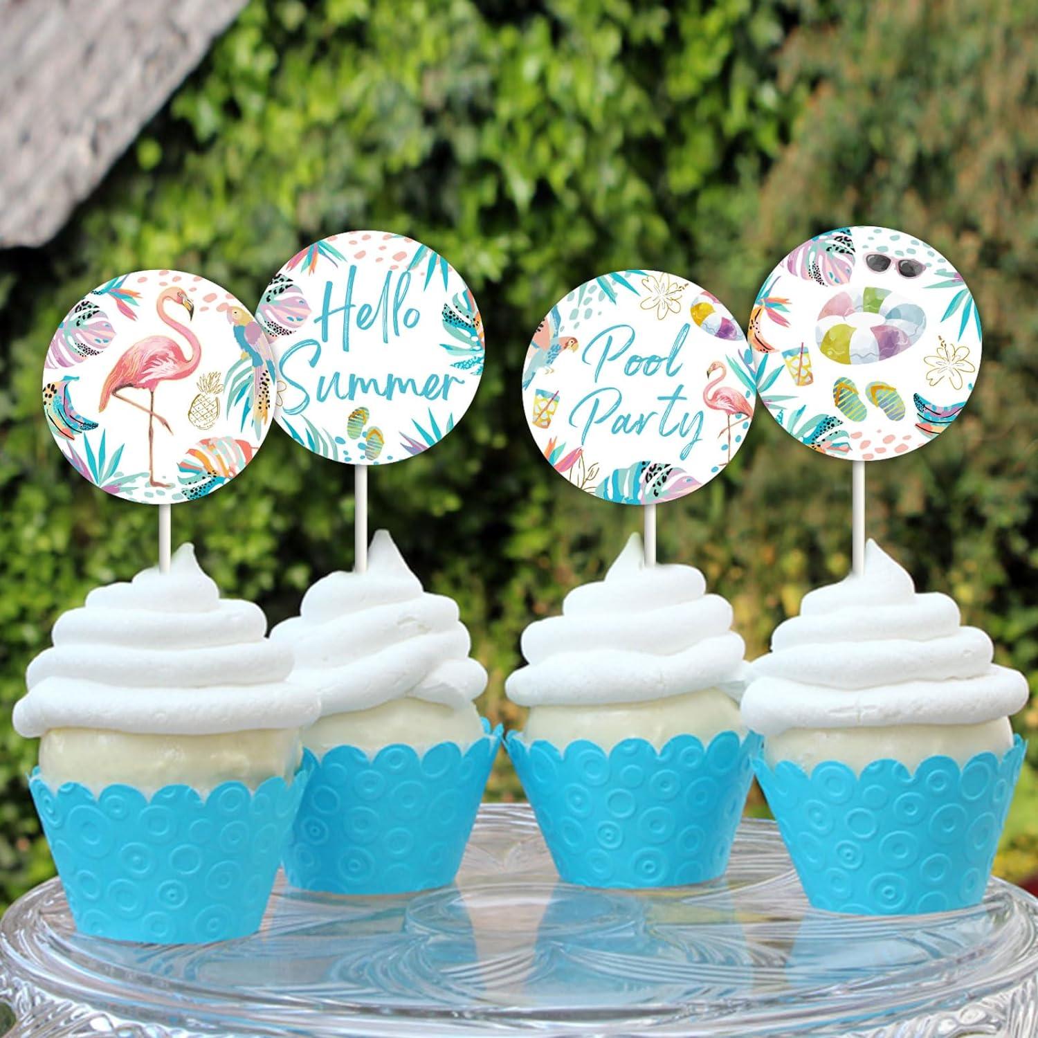 Cheereveal 24 Pieces Pool Party Cupcake Toppers Blue Summer Beach ...