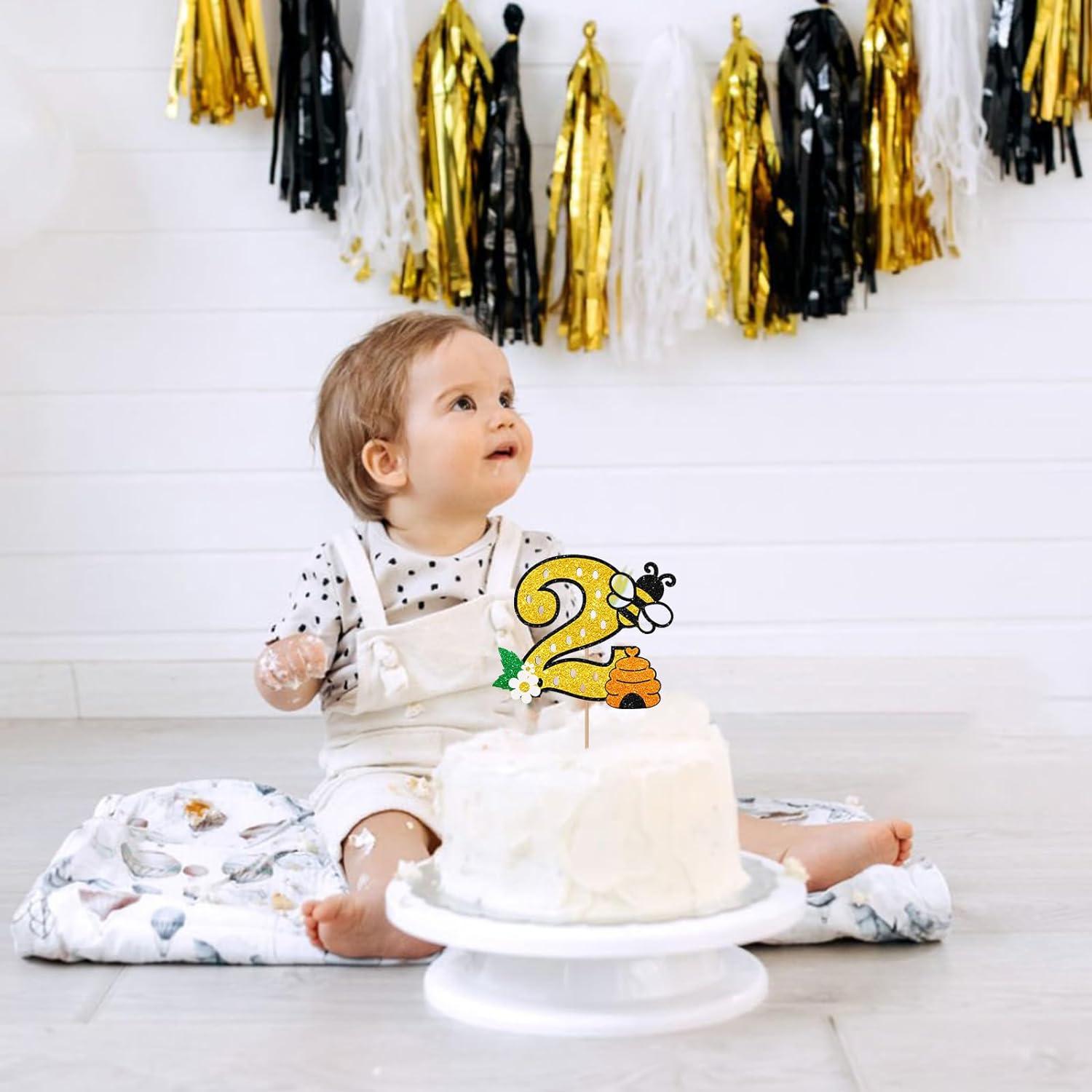 MAONICA Bumble Bee 2nd Birthday Cake Topper Gold Glitter Bee Two Years ...