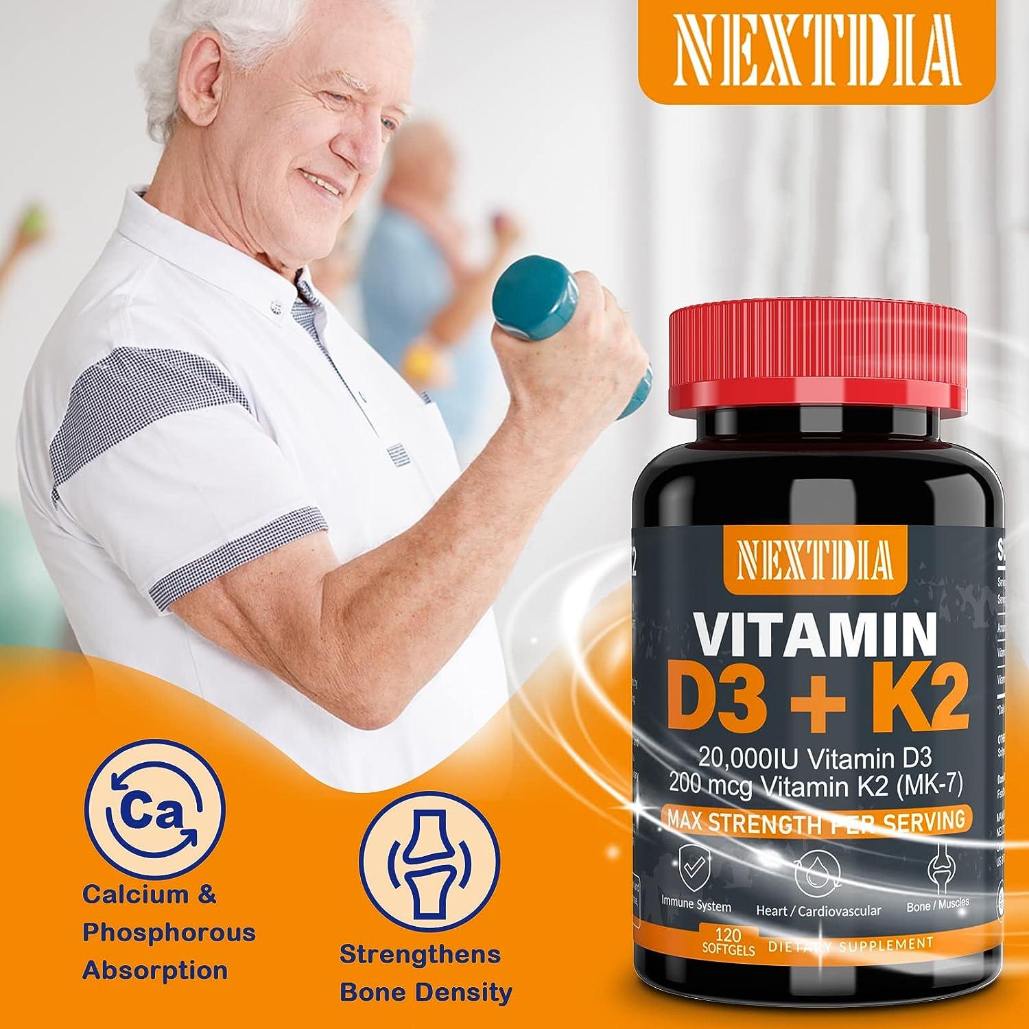 Vitamin D3 20,000 IU + K2 200mcg - Bone & Immune Health Support - 240 ...