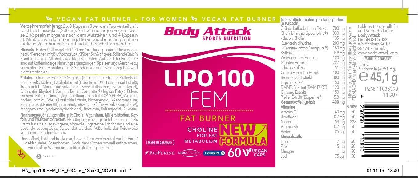 Body Attack Lipo 100 Fem Vegan - 60 Capsules | High-Dose Metabolism ...