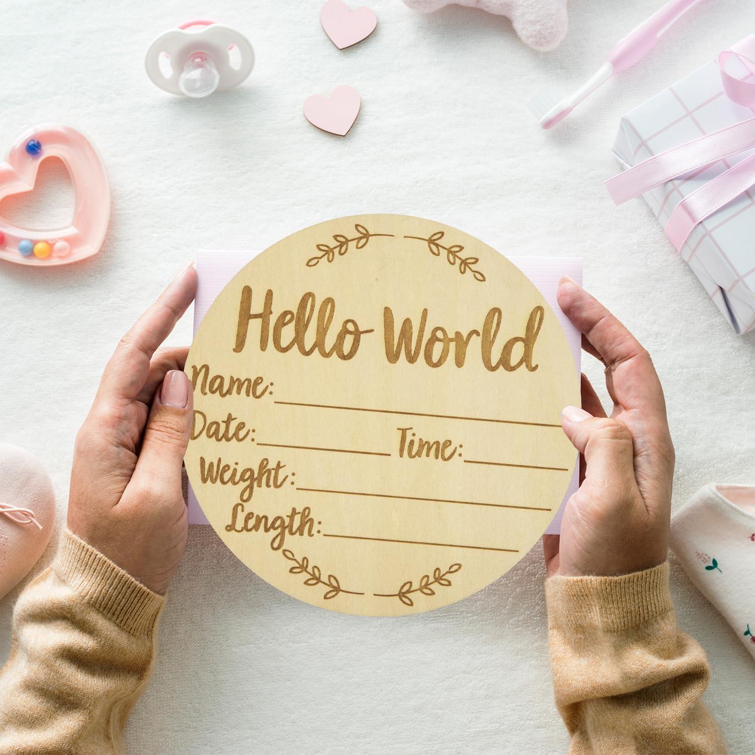 Hello World Wooden Baby Announcement Sign - Newborn Welcome Plaque for ...