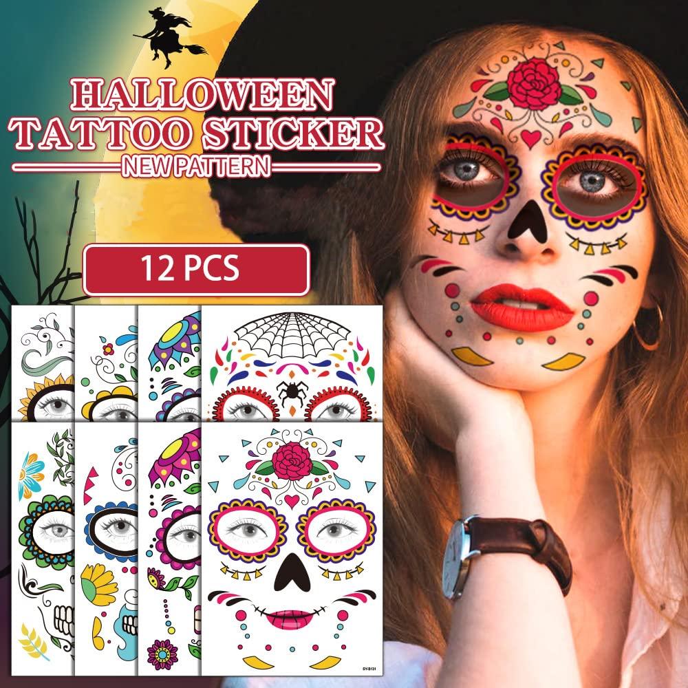 Halloween Temporary Face Tattoos Set - 13PCS Masquerade Skull Face Red ...