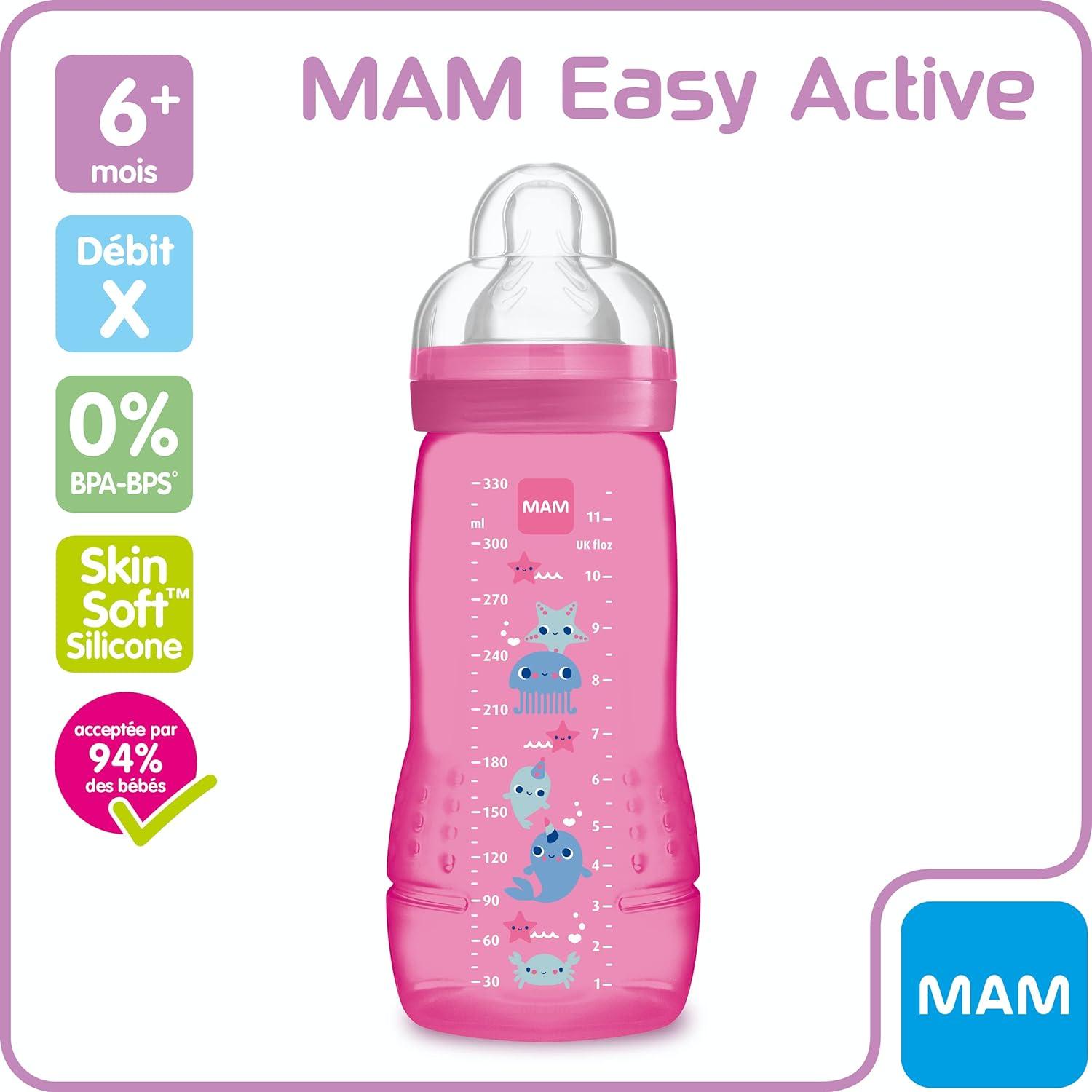 MAM Easy Active 2nd Age Feeding Bottle 330ml - X-Flow Teat - Pink, 6 ...