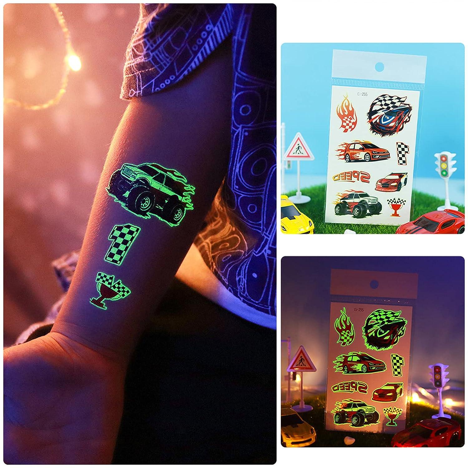Glow Race Car Temporary Tattoos for Kids - Luminous Vehicle Body ...